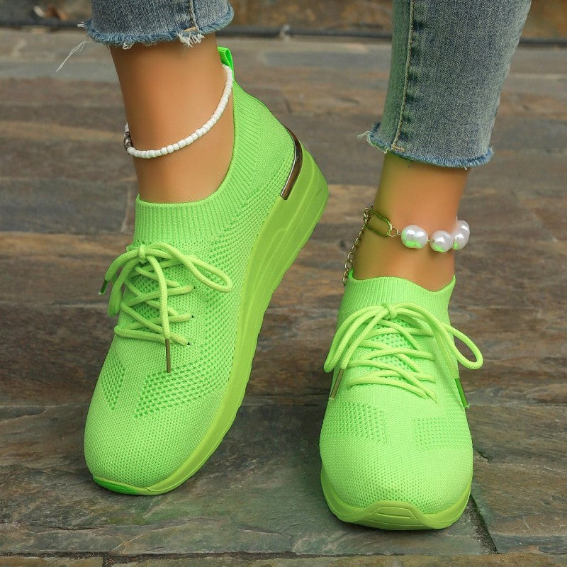 Women's Breathable Stretchy Knit Wedge Heel Shoes with Adjustable Lace ...